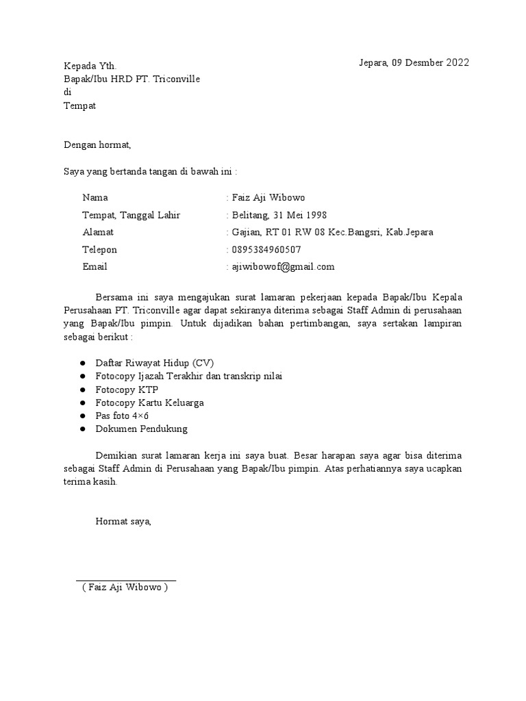 Surat_Lamaran_Kerja_PT. Triconville_Faiz Aji Wibowo | PDF