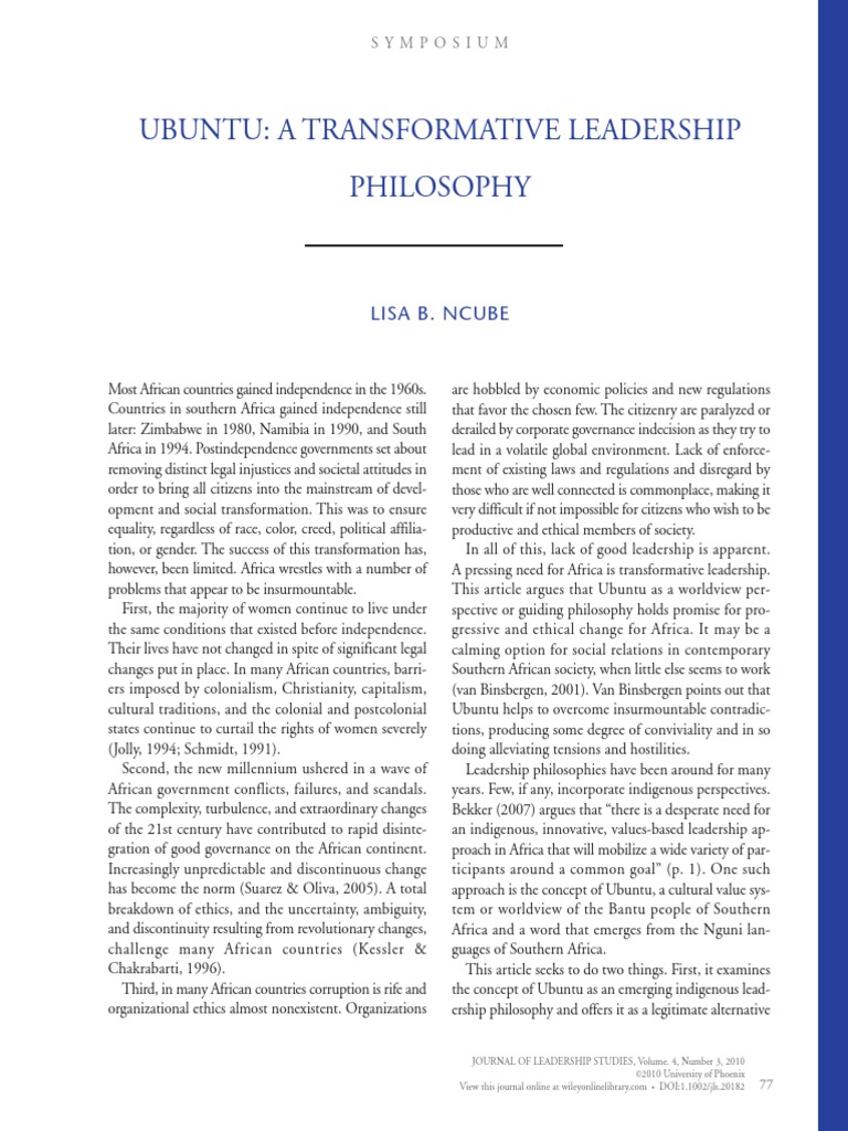 2010 Ncube - Ubuntu - A Transformative Leadership Philosophy | PDF | Leadership