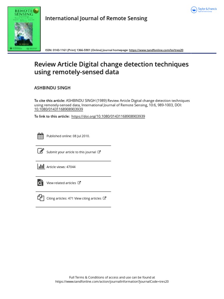 Review Article Digital Change Detection Techniques Using Remotely Sensed Data | Download Free ...