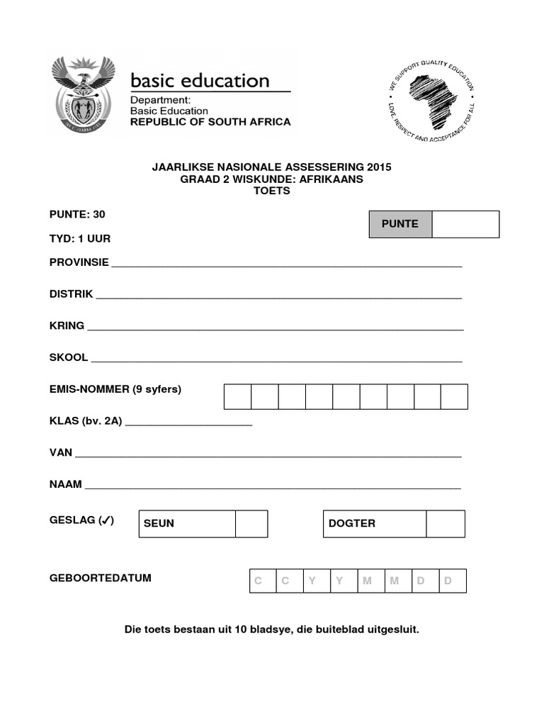 2015 Grade 2 Mathematics Afrikaans Test | PDF