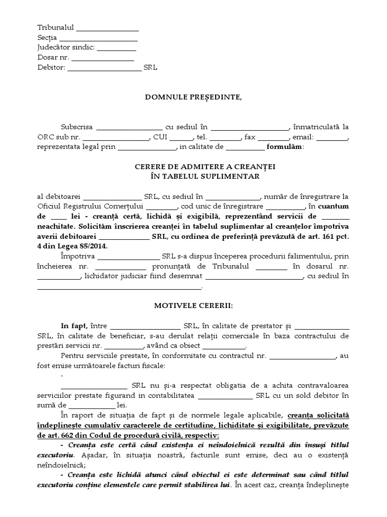 Cerere Admitere Creanta Model | PDF