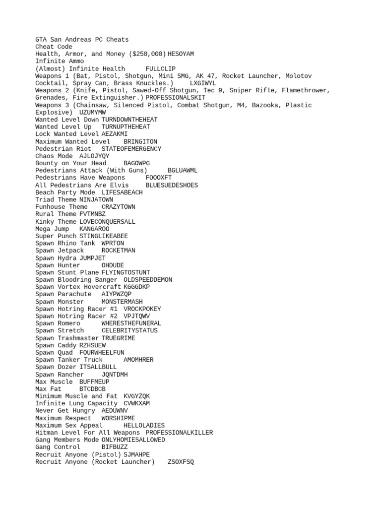 GTA San Andreas PC Cheats | PDF | Ballistics | Projectile Weapons