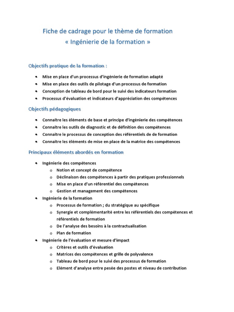 Fiche de cadrage : Ingénierie de la formation | PDF | Art