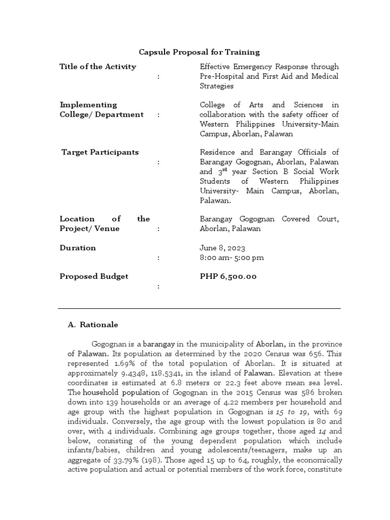 Capsule Proposal For Training at Gogognan | PDF | Emergency | Health Care