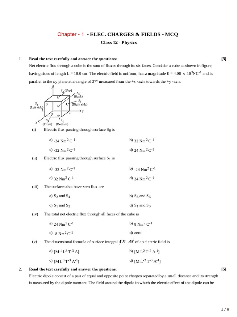 1b. Chapter1WSheet-MCQ | PDF | Electric Charge | Electric Field