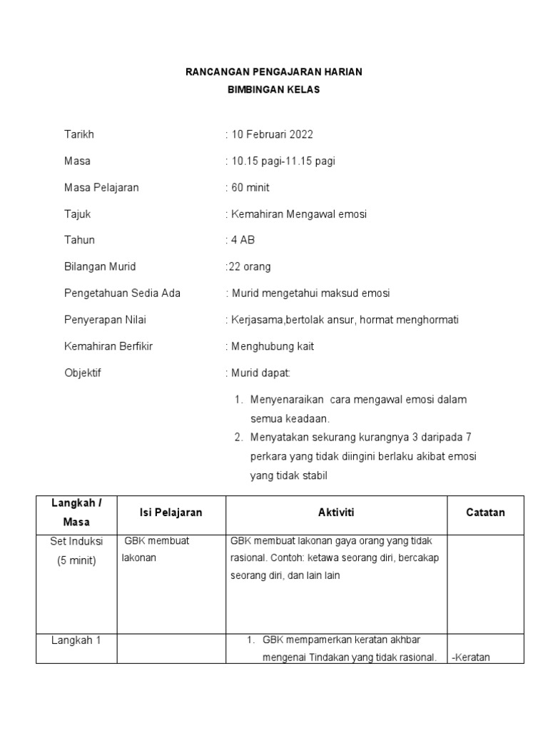 Mengawal Emosi: Rancangan Kelas 4AB | PDF | Karier & Perkembangan