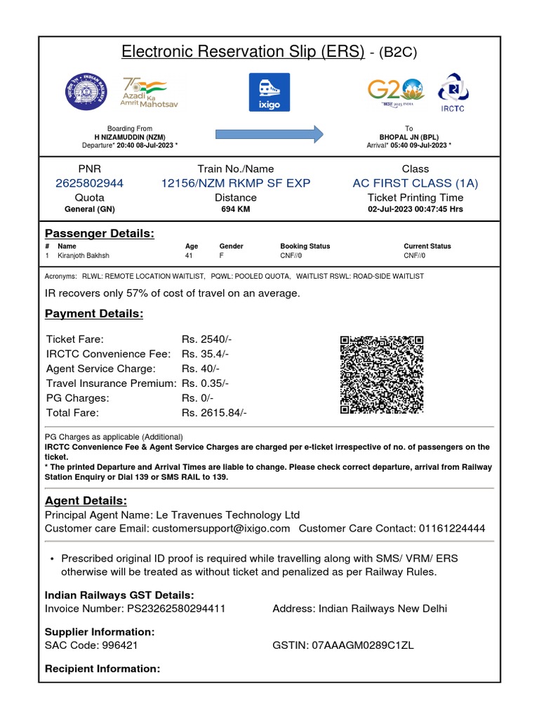 Electronic Reservation Slip (ERS) : 2625802944 12156/Nzm RKMP SF Exp Ac First Class (1A) | PDF ...