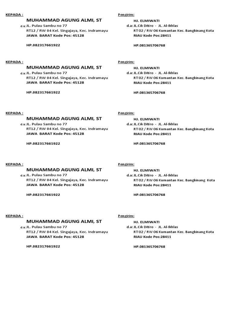 Data Kontak Pengirim dan Penerima | PDF