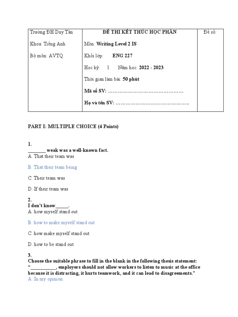 Writing Level 2 Exam - Duy Tan University | PDF | Sentence (Linguistics ...