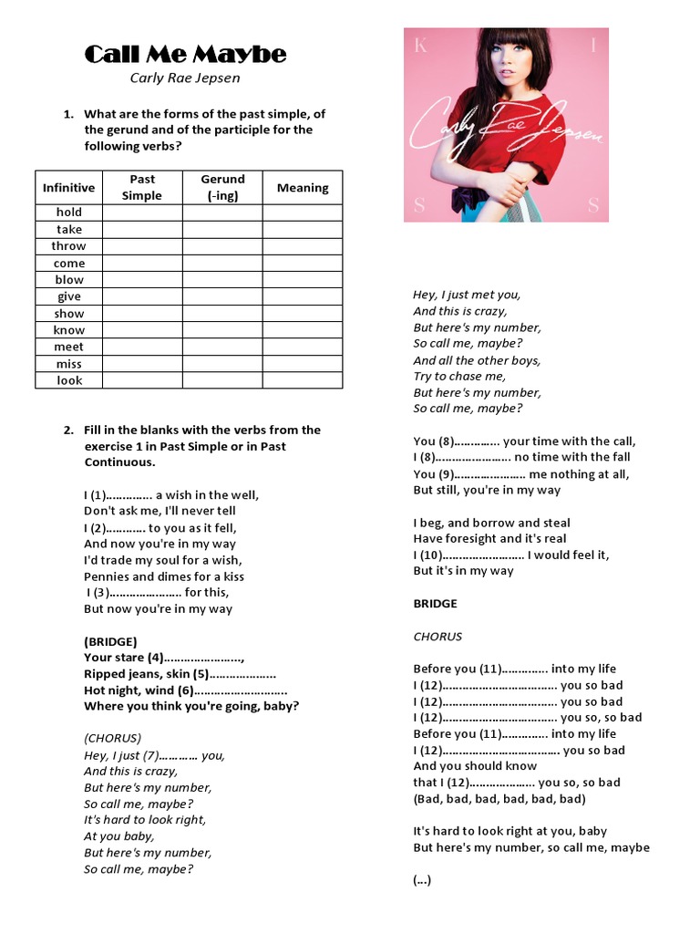 Carly Rae Jepsen Call Me Maybe Past Simple and Cotinuous | PDF | Language Families | Linguistic ...