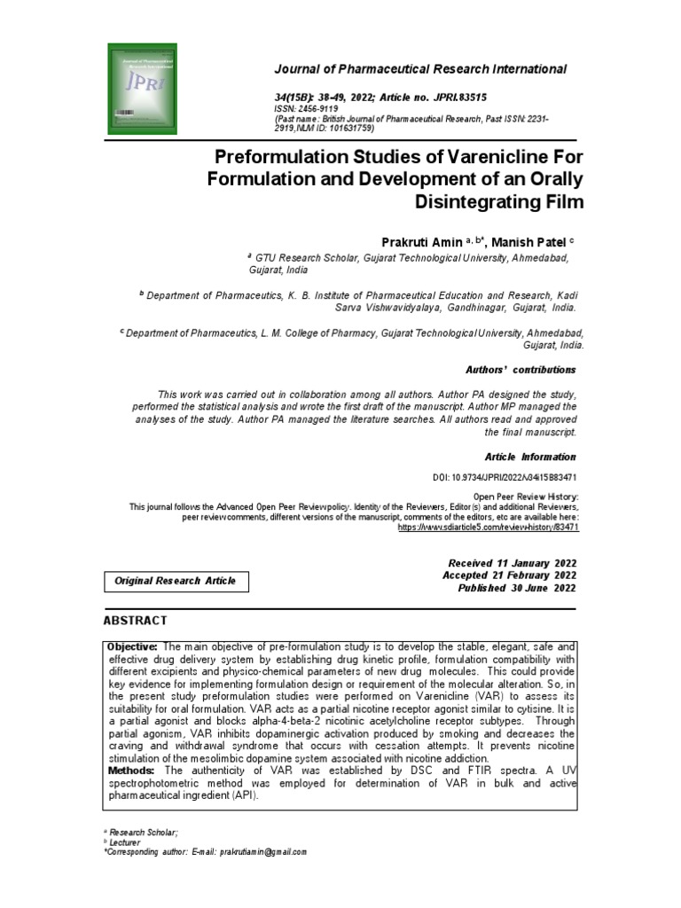 Varenicline Preformulation for Oral Film | PDF | Pharmaceutical ...