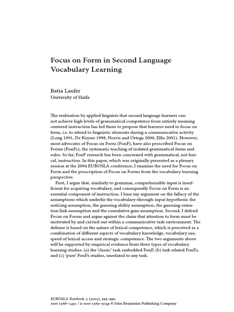 Focus On Form in Second Language Vocabulary Learning: Batia Laufer | PDF | Second Language ...