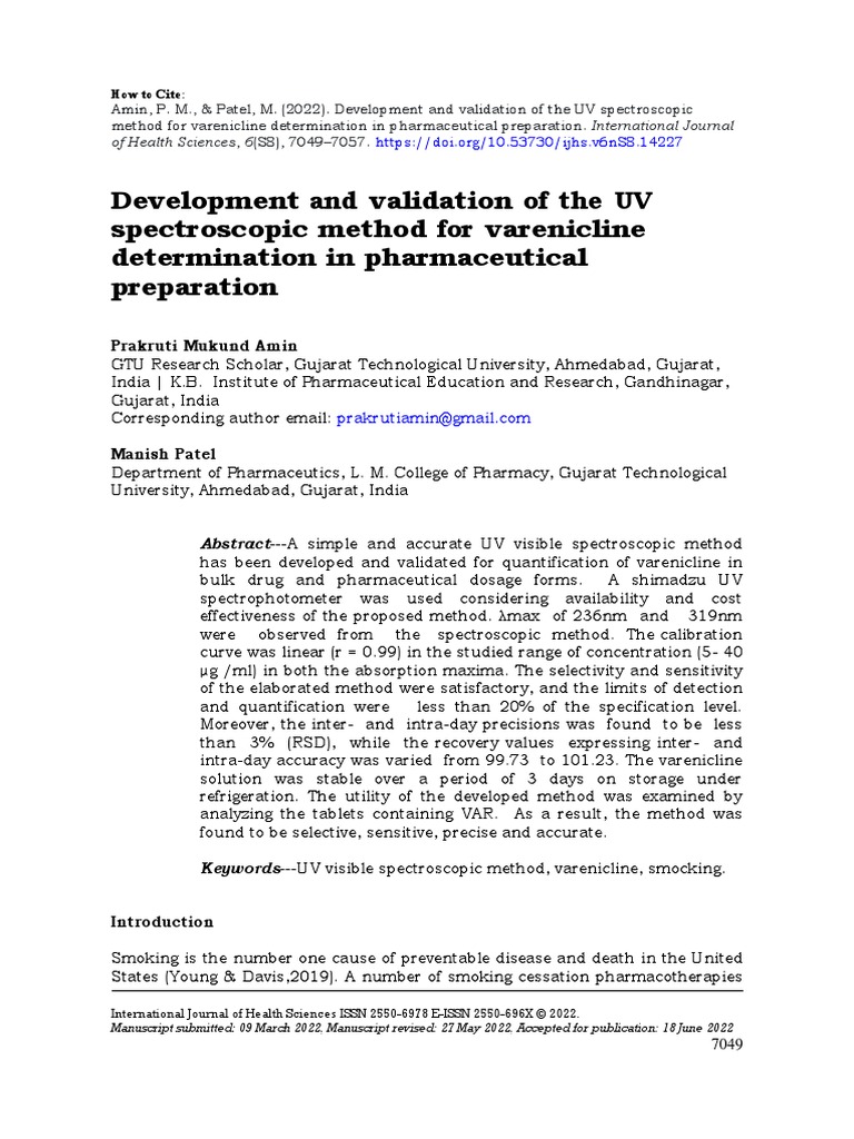 Development And Validation Of The Uv Spectroscopic Method For Varenicline Determination In