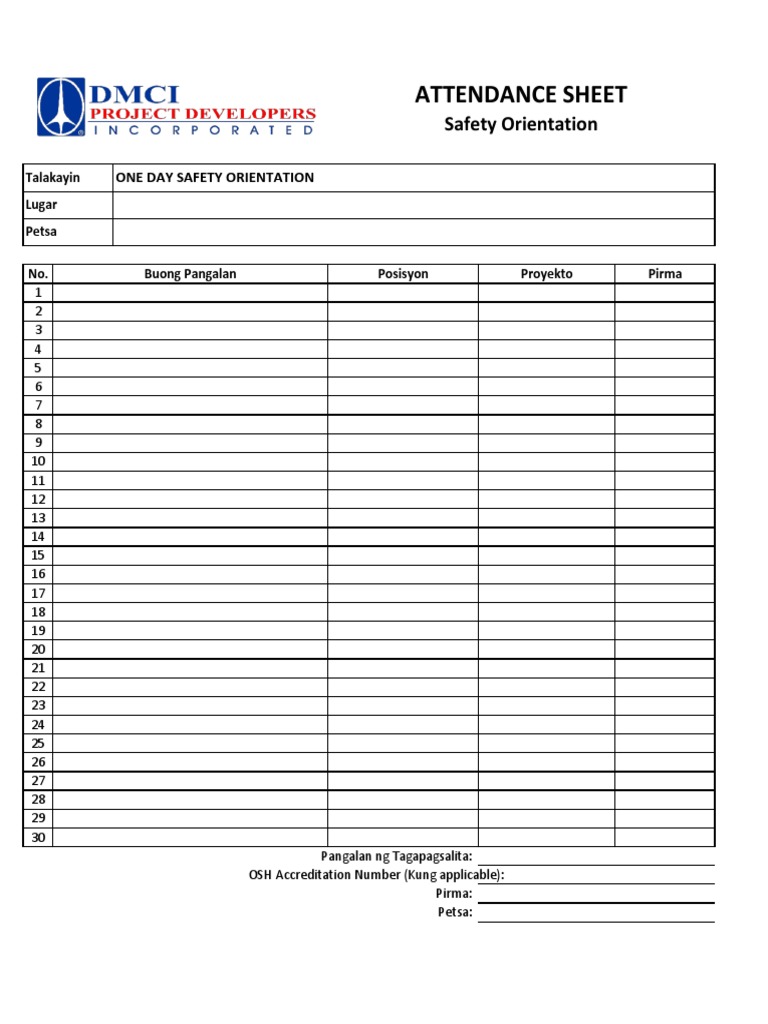 Attendance Sheet - Safety Orientation | PDF