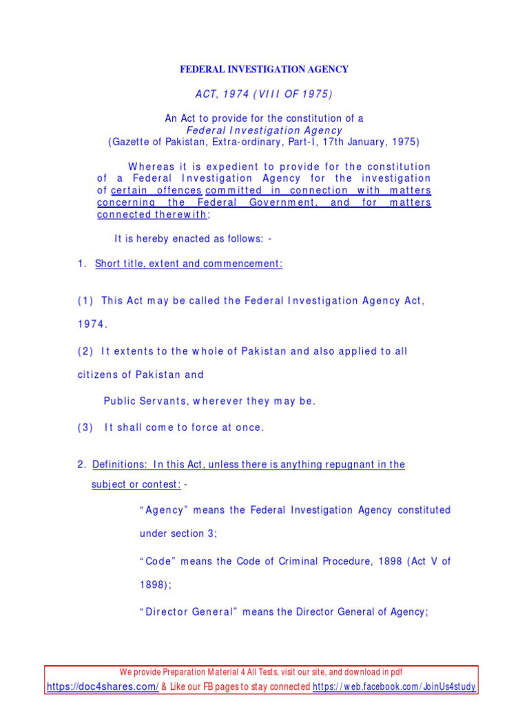 Pakistan Federal Investigation Agency Act 1975 | PDF | Search And ...