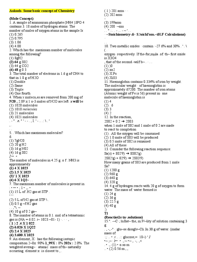 Chemistry Mole Concept MCQs Guide | PDF | Mole (Unit) | Stoichiometry