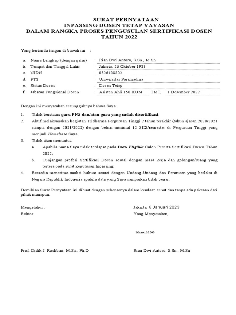 Surat Pernyataan Inpassing - Rian Dwi Antoro | PDF