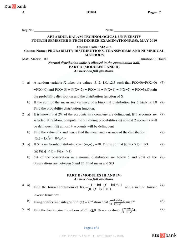 2019 May MA202-E - Ktu Qbank | PDF | Fourier Transform | Laplace Transform