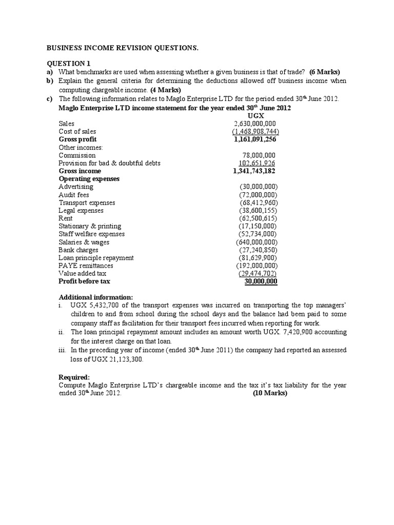 Questions Business Income | PDF | Expense | Revenue