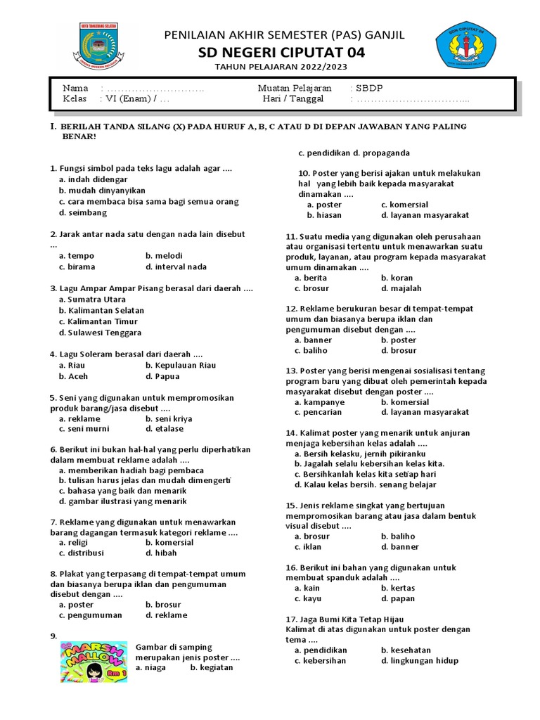 Soal Pas SBDP KLS 6 SMT 1 | PDF