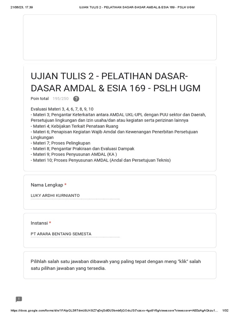 Ujian Tulis 2 - Pelatihan Dasar-Dasar Amdal & Esia 169 - PSLH Ugm | PDF