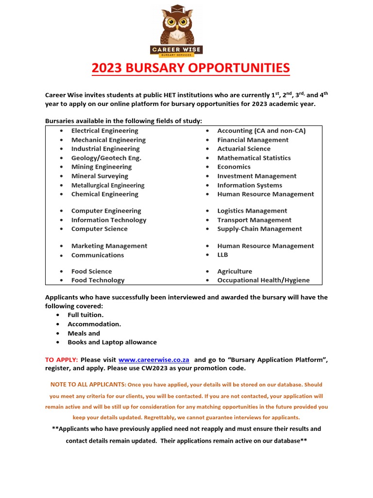 Career Wise Bursary Advert 2023 | Download Free PDF | Engineering ...