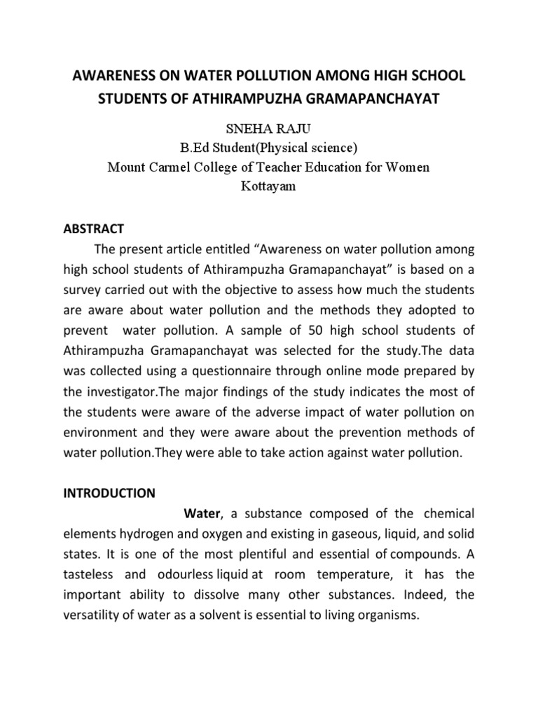 Awareness On Water Pollution Among High School Students of Athirampuzha ...