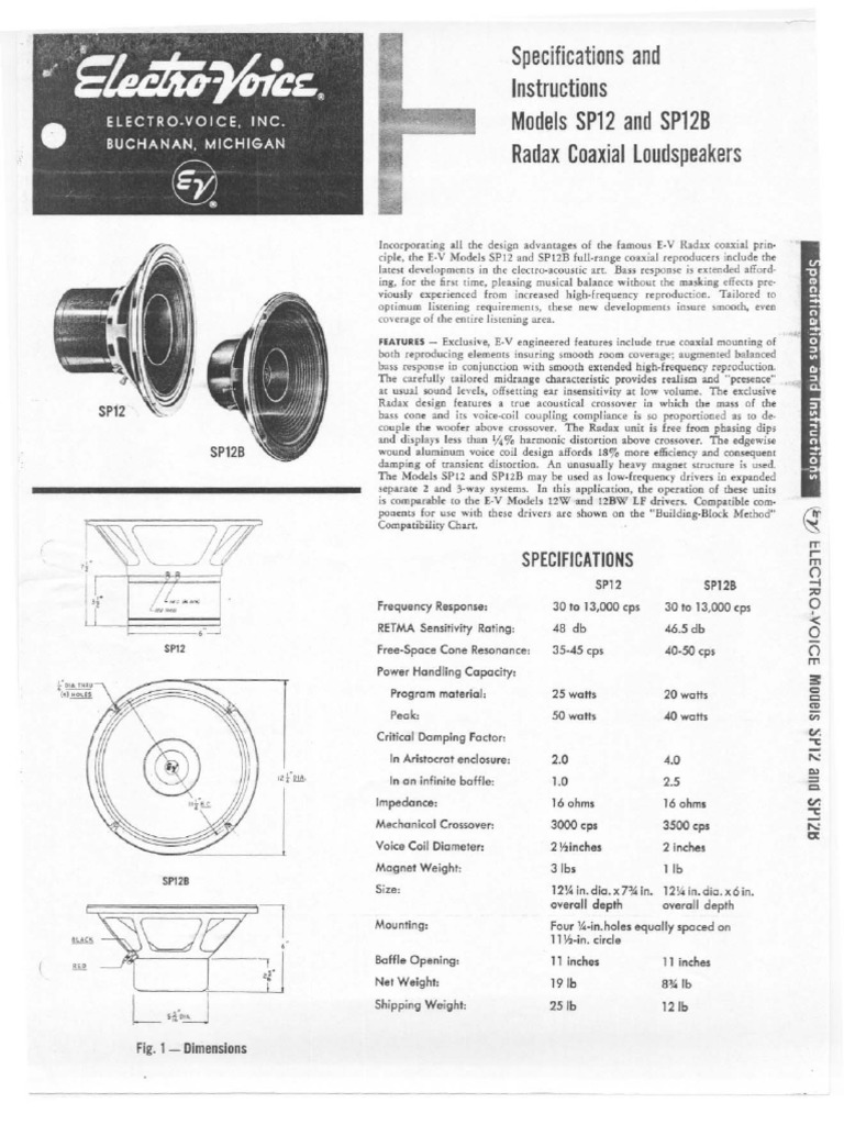 Electro Voice Radax Coaxial Speaker System Data Sheet For Electro Voice ...