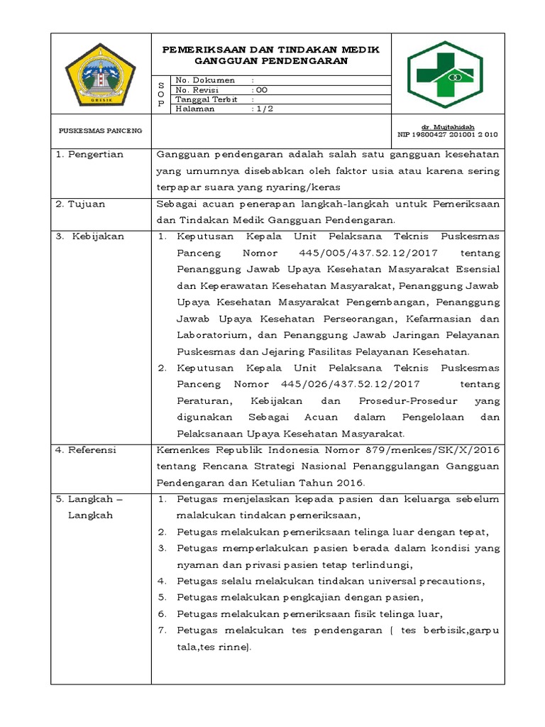 Sop Pemeriksaan Dan Tindakan Medik Gangguan Pendengaran 2023 | PDF Sop Pemeriksaan Dan Tindakan Medik Gangguan Pendengaran 2023 | PDF