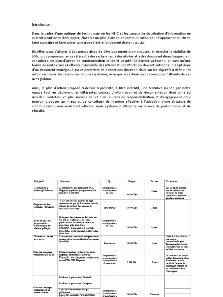 Plan d'Action de Communication JOA | PDF | la communication | Réseaux ...