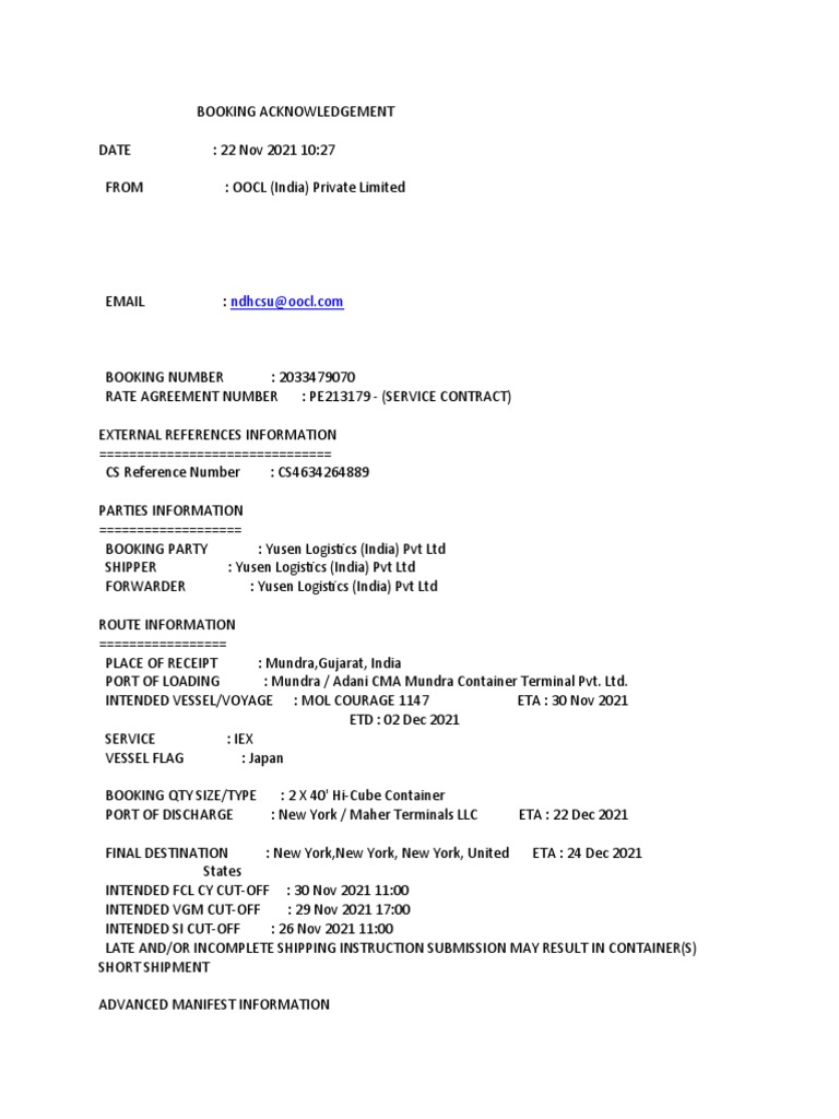 Zeenat Booking Acknowledgement | PDF | Cargo | Economies