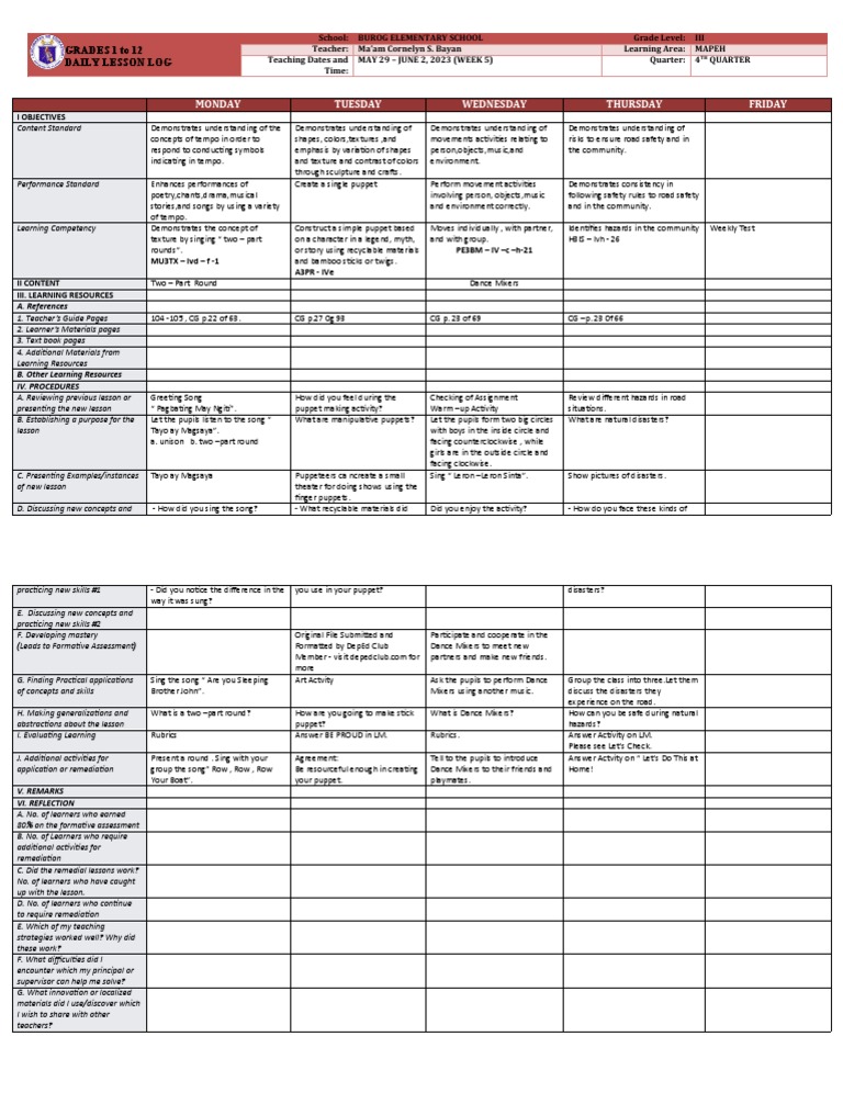 DLL - Mapeh 3 - Q4 - W5 | PDF | Cognitive Science | Behavior Modification