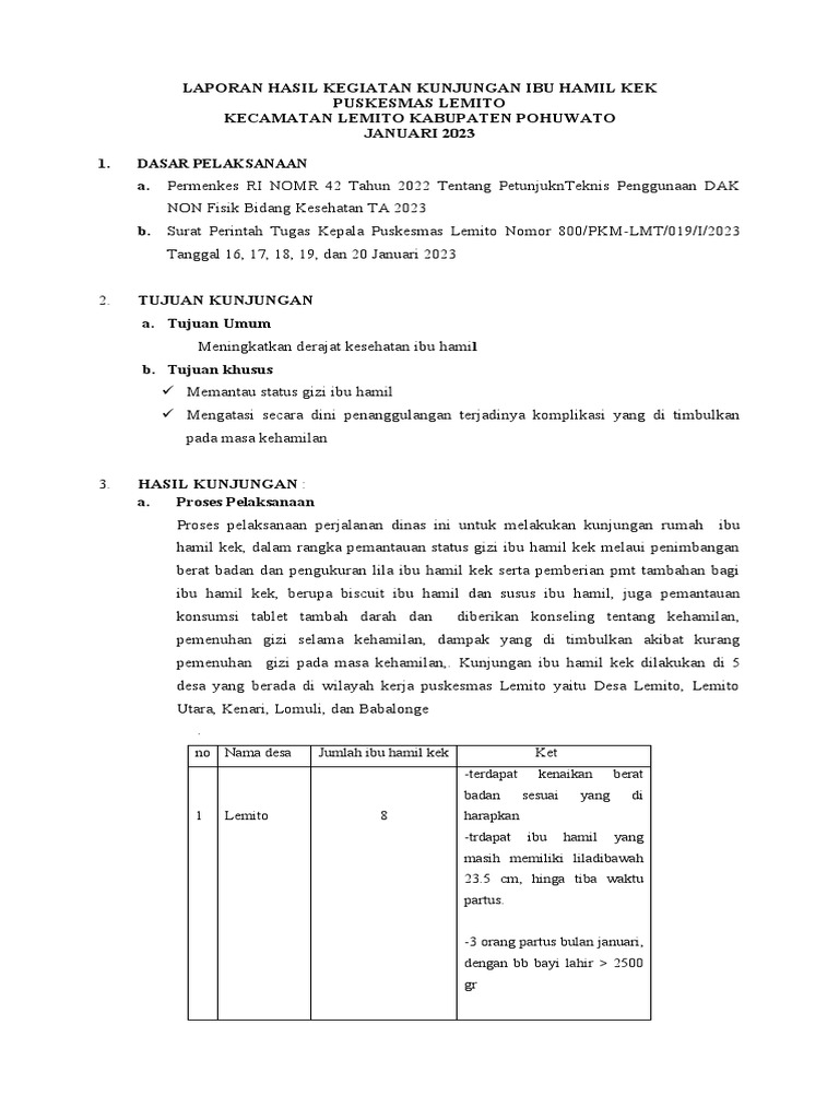 Laporan Pelaksanaan Kegiatan Kunjungan Bumil KEK | PDF | Kesehatan Holistik