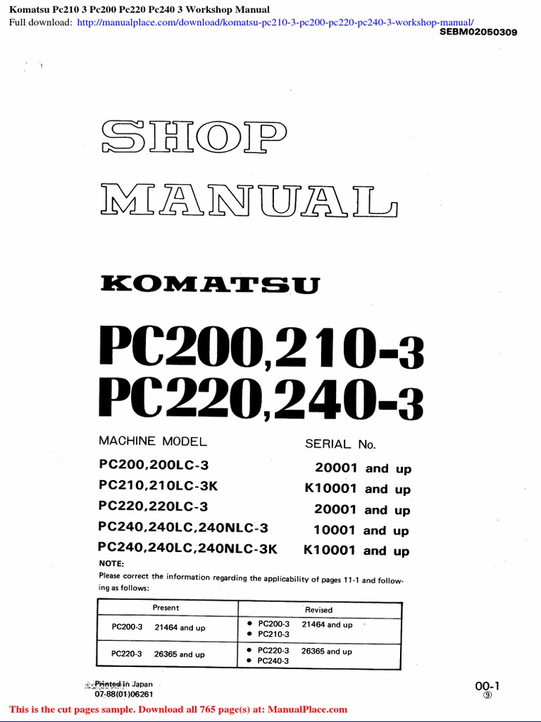 Komatsu Pc210 3 Pc200 Pc220 Pc240 3 Workshop Manual | PDF