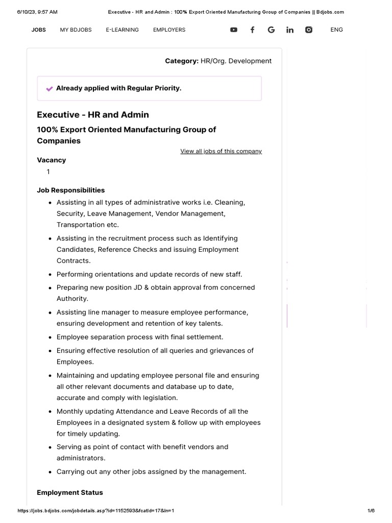 Executive - HR and Admin - 100% Export Oriented Manufacturing Group of ...