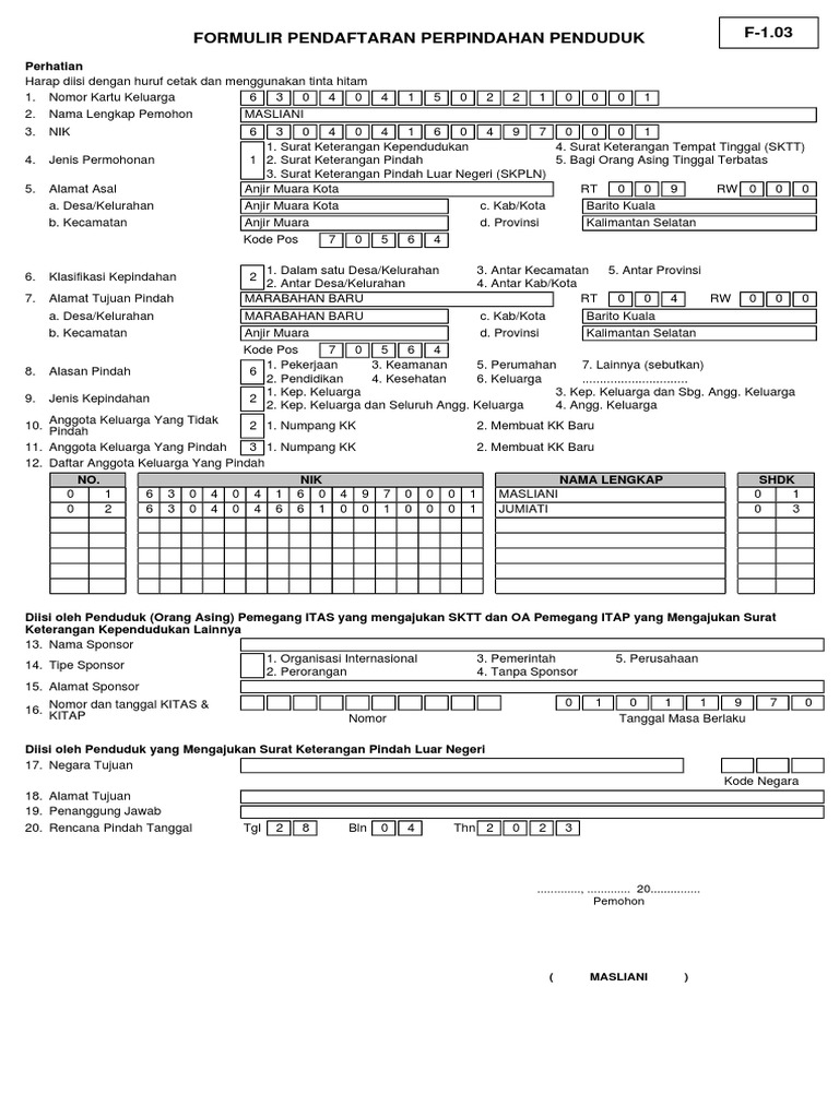 Surat Ket Pindah Penduduk 6304041604970001 2023-04-28 115 Lampiran | PDF