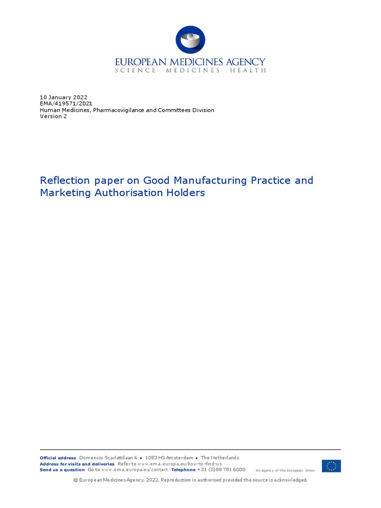 Reflection Paper Good Manufacturing Practice Marketing Authorisation Holders - en | PDF | Business