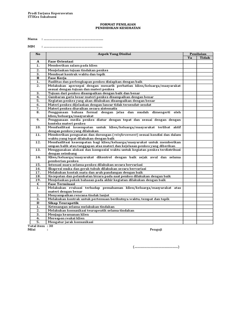 Format Penilaian Ujian Praktik PENKES | PDF