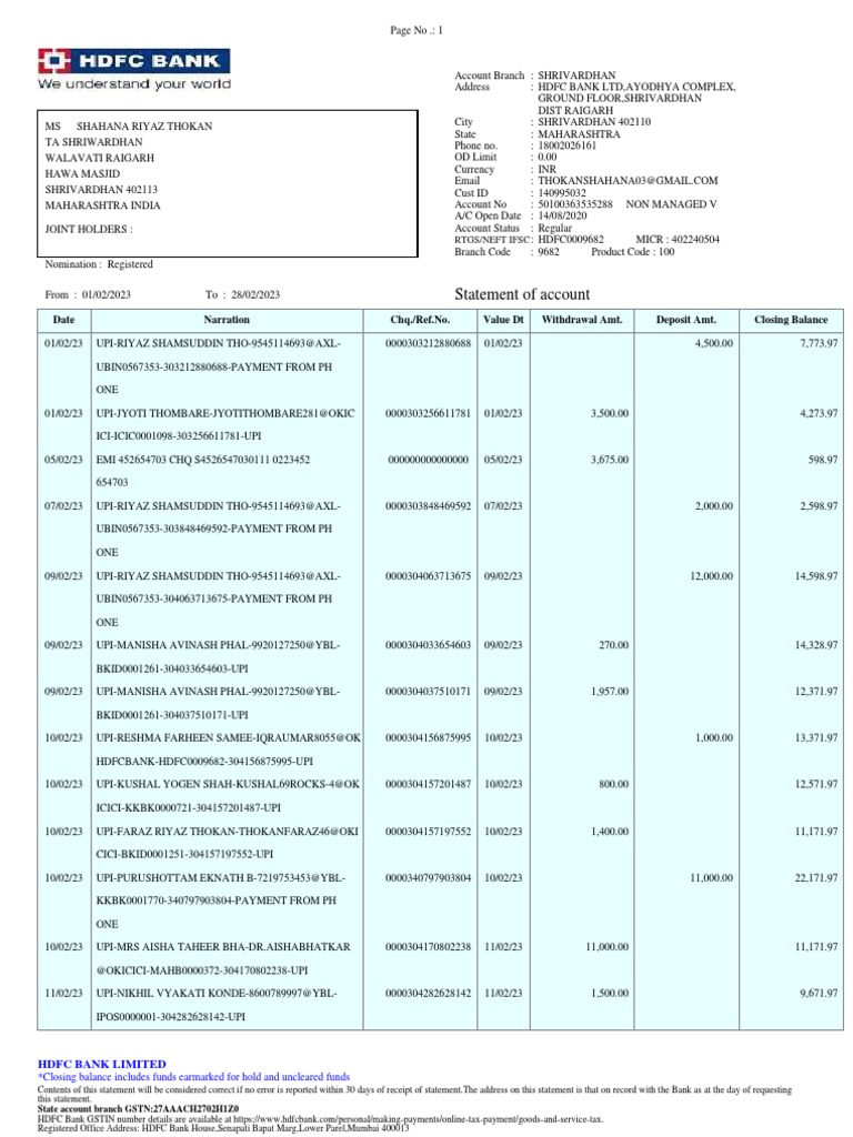Statement of Account: Date Narration Chq./Ref - No. Value DT Withdrawal ...