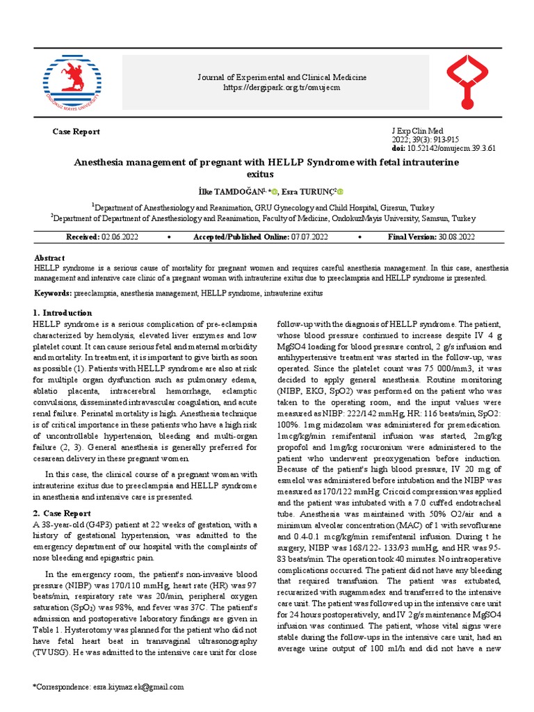 Anesthesia Management of Pregnant with HELLP Syndrome with Fetal ...