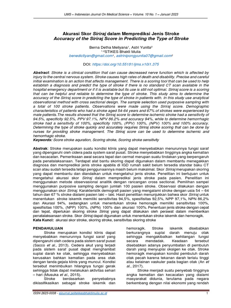 Akurasi Skor Siriraj Prediksi Stroke | PDF | Sensitivitas dan Spesifisitas | Pukulan