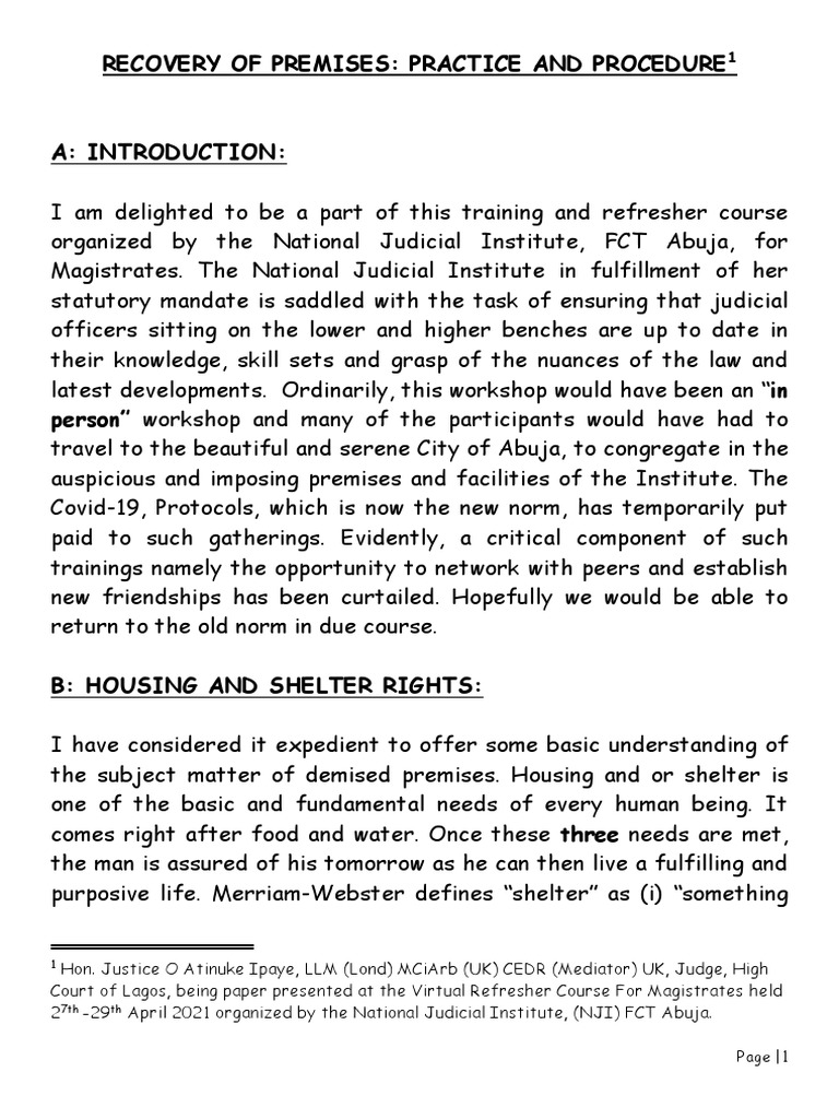 RECOVERY OF PREMISES PRACTICE AND PROCEDURE by Hon. Justice O Atinuke ...