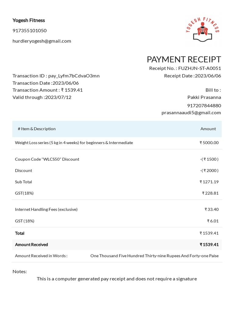 Weight Loss Program Payment Receipt | PDF