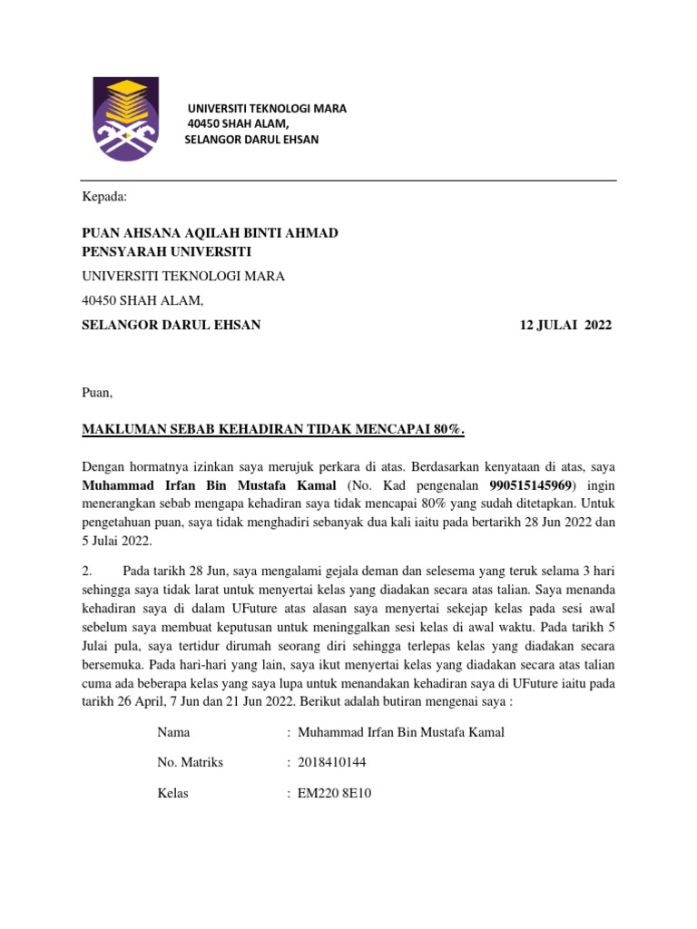 Surat Rasmi Sebab Penyataan (Muhammad Irfan B Mustafa Kamal 2018410144 ...