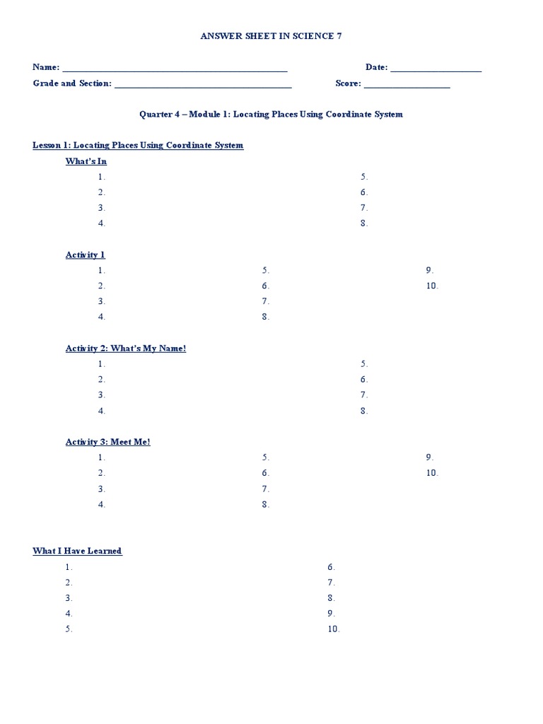 Answersheet Science-7 Quarter-4 Module-1 | PDF