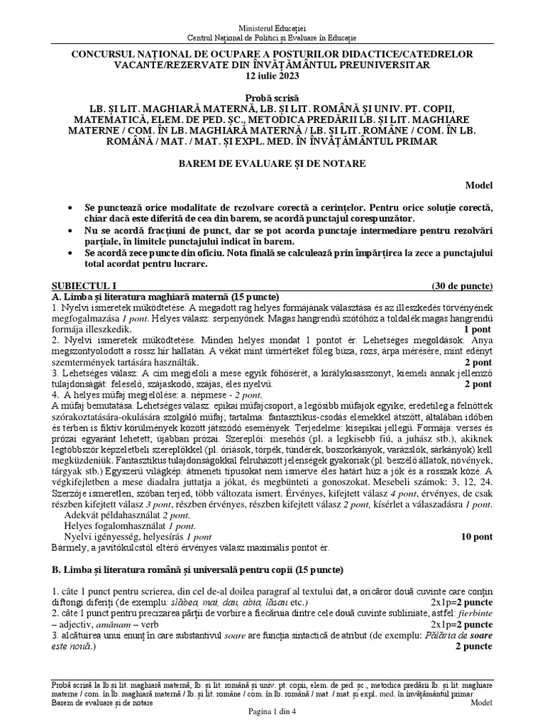 Tit 089 Limba Maghiara Materna I 2023 Bar Model | PDF