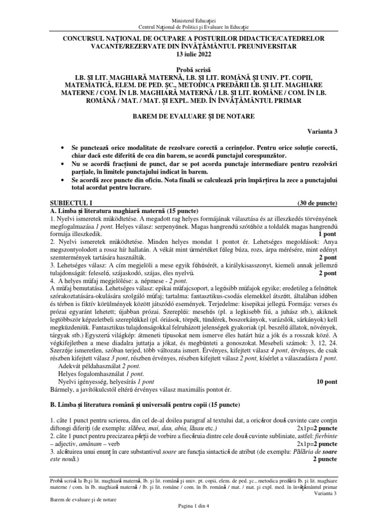 Tit 089 Limba Maghiara Materna I 2022 Bar 03 LRO | PDF