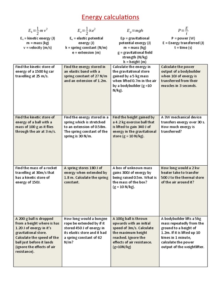 Energy Calculations Worksheet | PDF | Kinetic Energy | Potential Energy