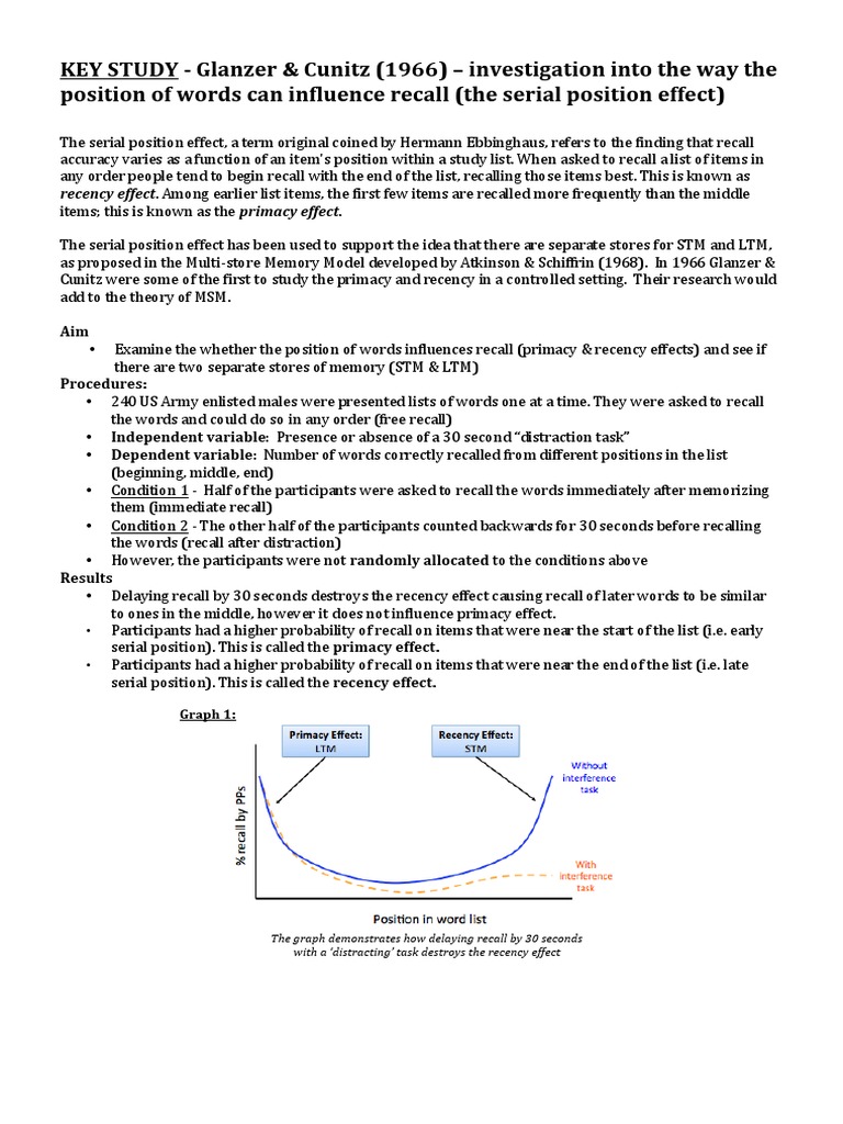 Key Study - Glanzer Cunitz 1966 - Serial Position Effect | PDF | Recall ...