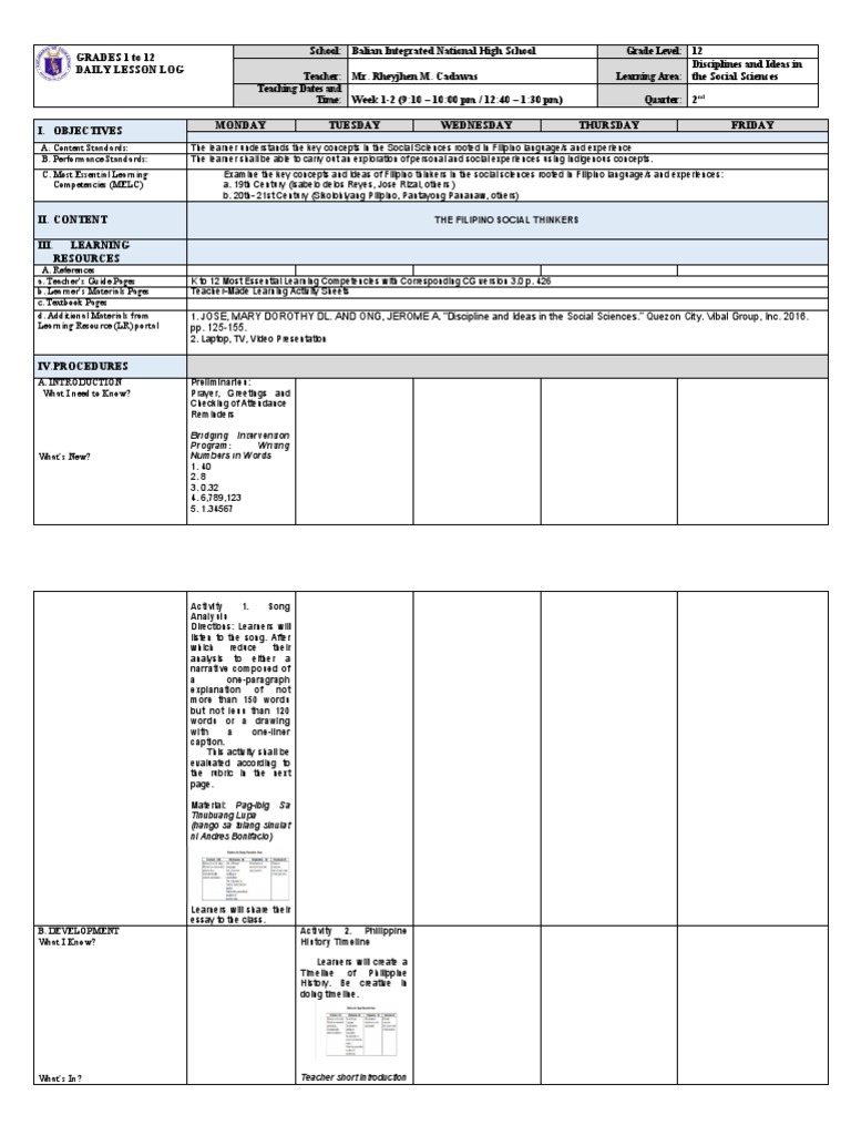DLL DISS Week1 4 Q2 | PDF | Learning | Teachers DLL DISS Week1 4 Q2 | PDF | Learning | Teachers
